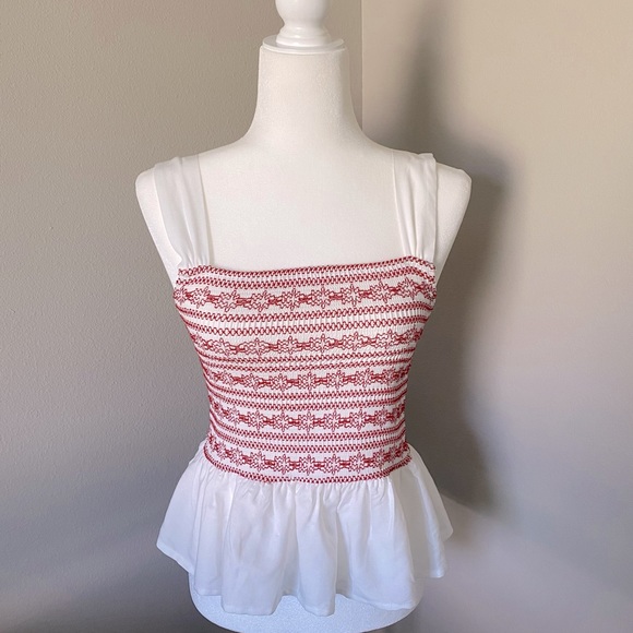 Tops | Boutique Red And White Smocked Peplumtop Size L | Poshmark